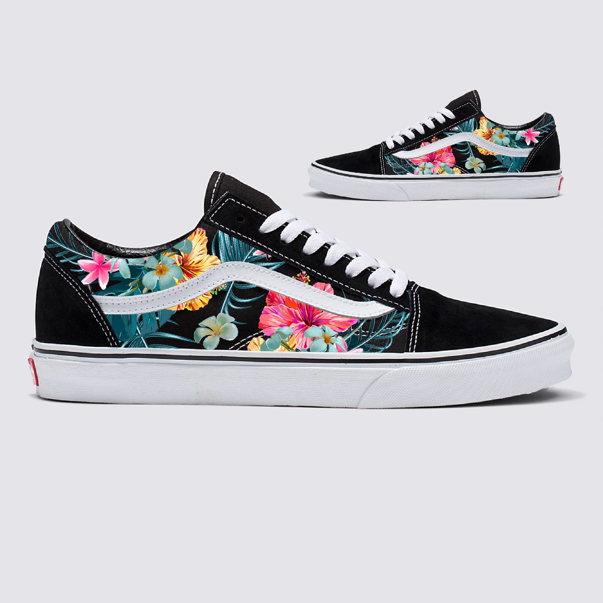 Hawaiian Tropical Floral on Black Vans Old Skool Shoes – BlvdCustom
