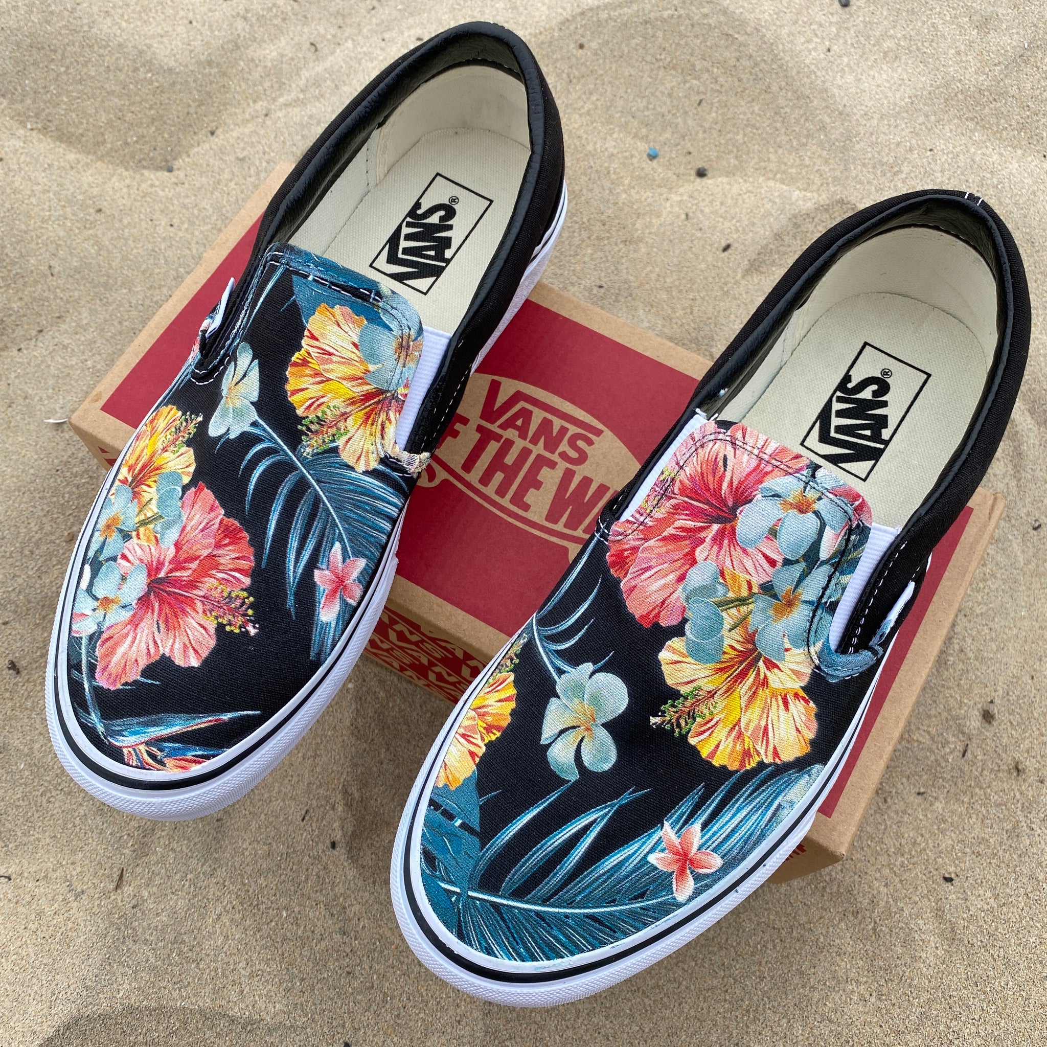 Tropical Hawaiian Pattern Black Slip On Vans Shoes – BlvdCustom
