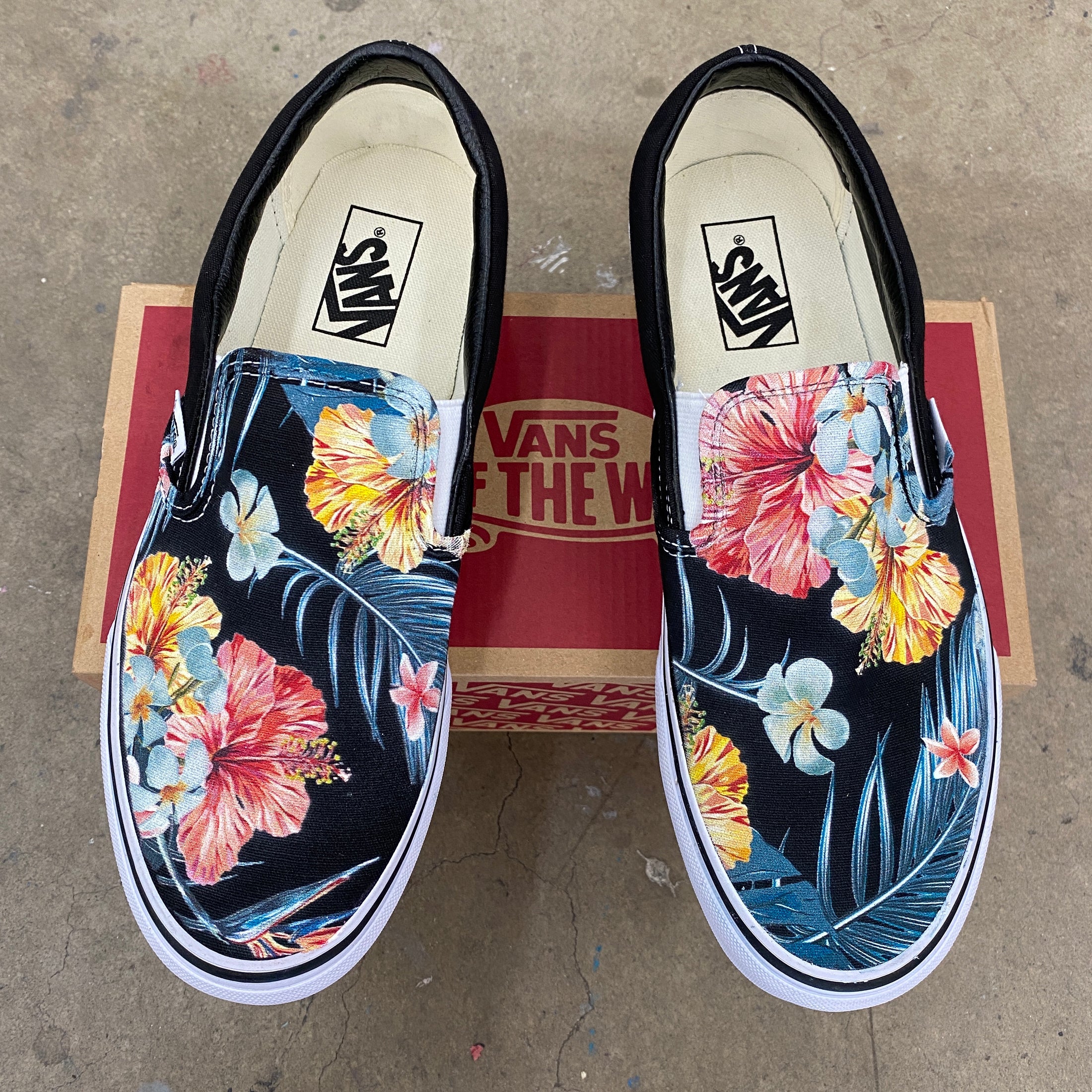 Tropical Hawaiian Pattern Black Slip On Vans Shoes – BlvdCustom